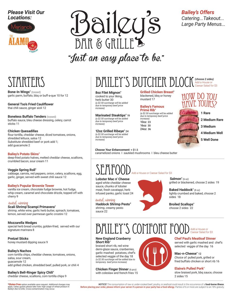 Bailey's Bar & Grille Menu | Townsend, MA