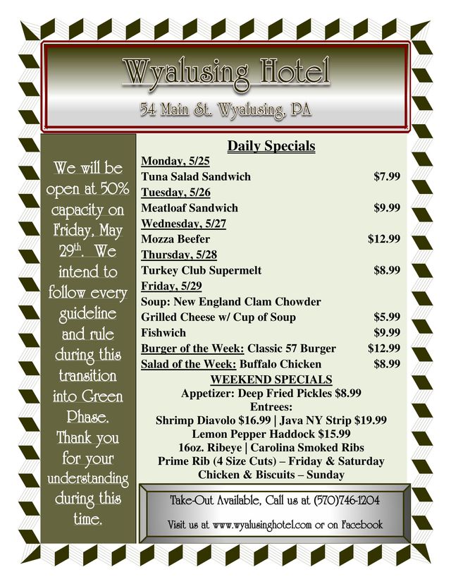 Wyalusing Hotel Dinner Specials | Wyalusing, PA